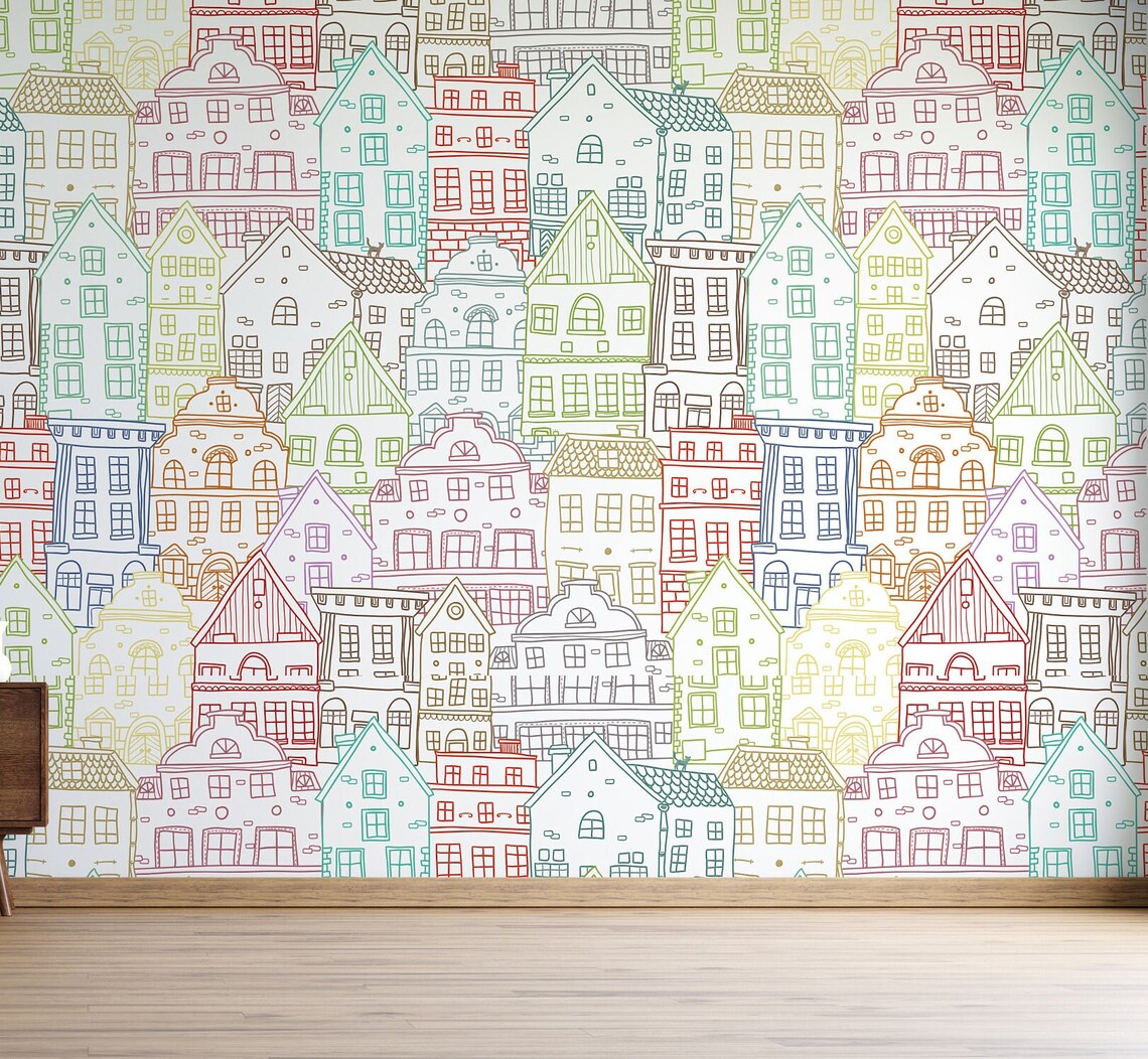 Colorful Line Houses Wallpaper | Kids Room Peel and Stick Mural - Etsy