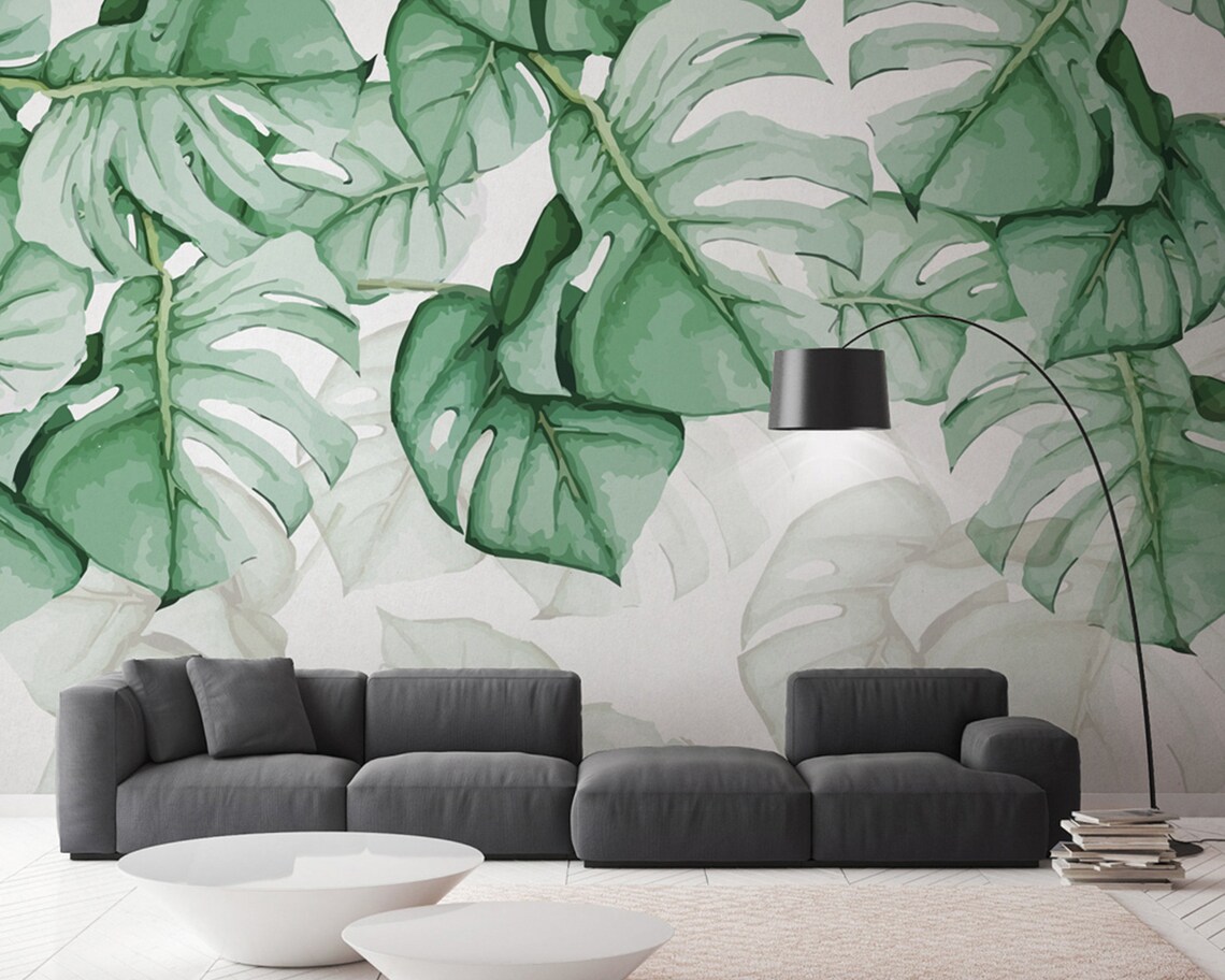 Hand Painted Tropical Plant Wallpaper Mural Peel and Stick | Etsy