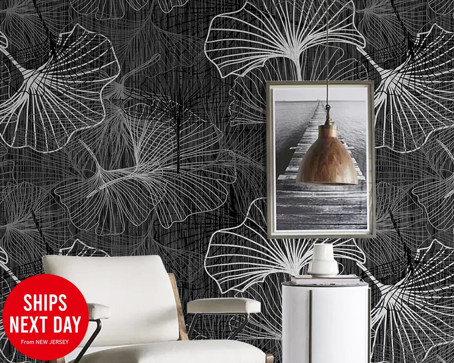 Black White Gray Gingko Leaf Wallpaper Pattern Wall Mural - Etsy