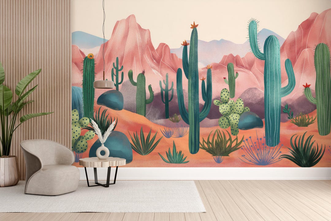 Colorful Desert Landscape Wall Mural – Tranquil Cactus Art for Nature ...