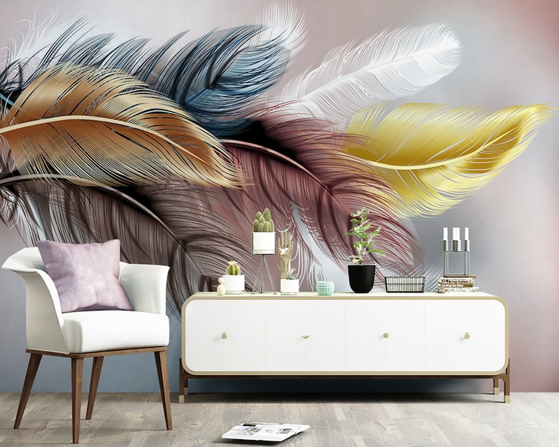 Hand Painted Gold Feather Luxury Wallpaper Pattern Wall - Etsy