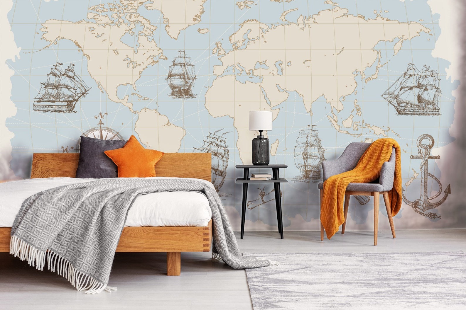 Hand Drawn World Map With Compass Anchor Sailing Boat | Etsy