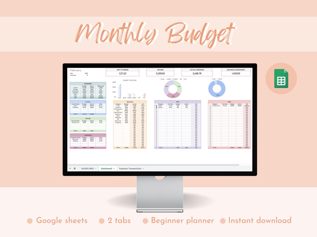 Simple Monthly Budget Spreadsheet Template, Budget Planner for Google ...