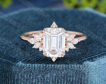 Emerald Cut Moissanite Engagement Ring Rose Gold Cluster - Etsy