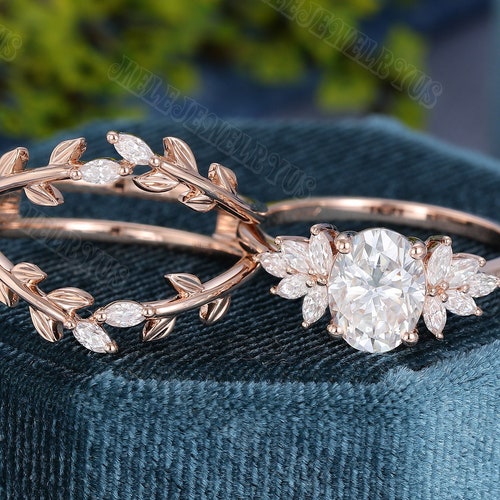 Oval Cut Moissanite Engagement Ring Set Rose Gold Marquise - Etsy