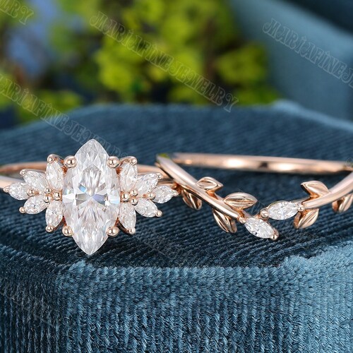 Unique Marquise Cut Moissanite Engagement Ring Set Cluster | Etsy