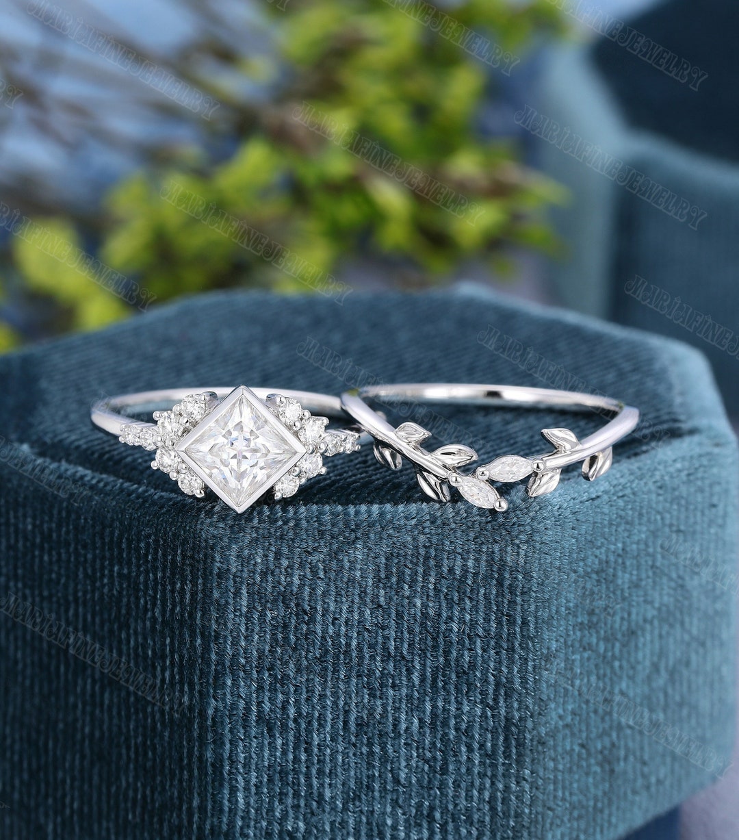 Princess Cut Engagement Ring Set Unique Vintage Cluster Ring White Gold ...