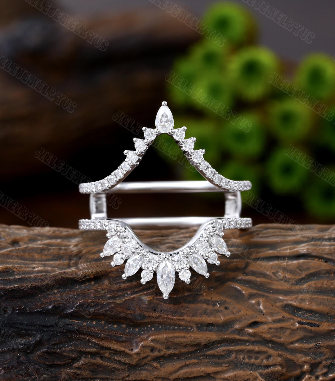 Vintage Double Bands Curved Wedding Ring White Gold Wedding Band Pear ...