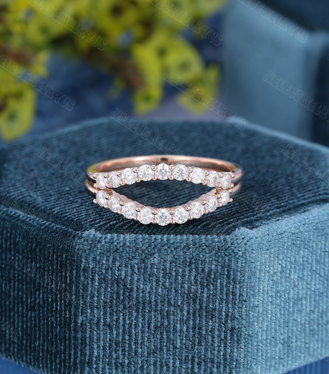 Unique Curved Double Wedding Band Vintage Rose Gold Enhancer Ring Bridal Stacking Round Diamond ...
