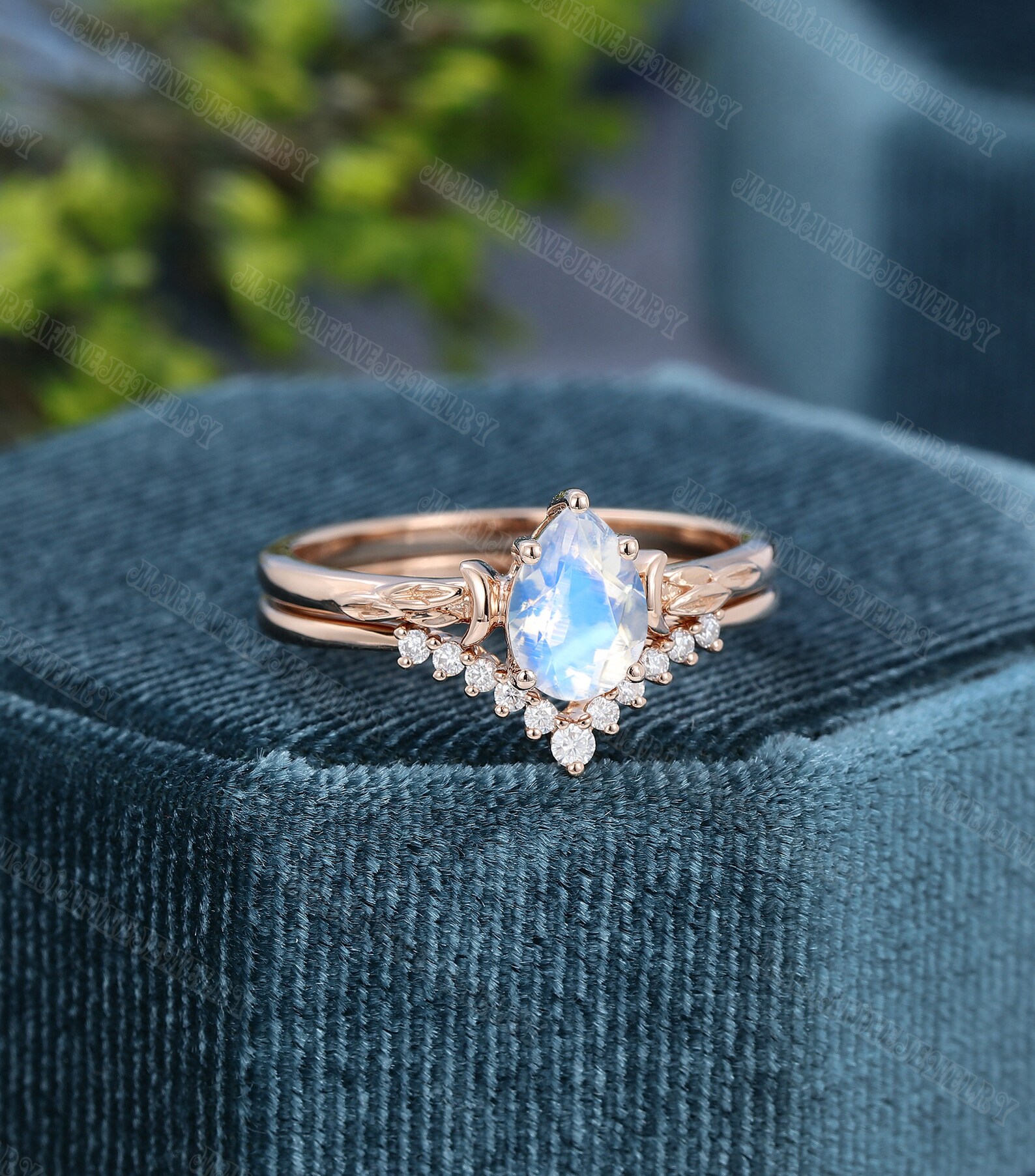 Pear Shaped Moonstone Engagement Ring Set Rose Gold Moissanite - Etsy