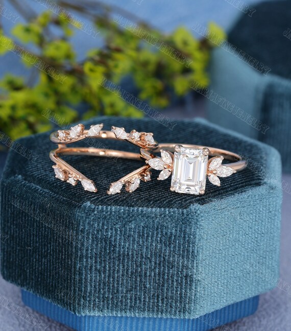 Unique Emerald Cut Moissanite Engagement Ring Set Rose Gold - Etsy