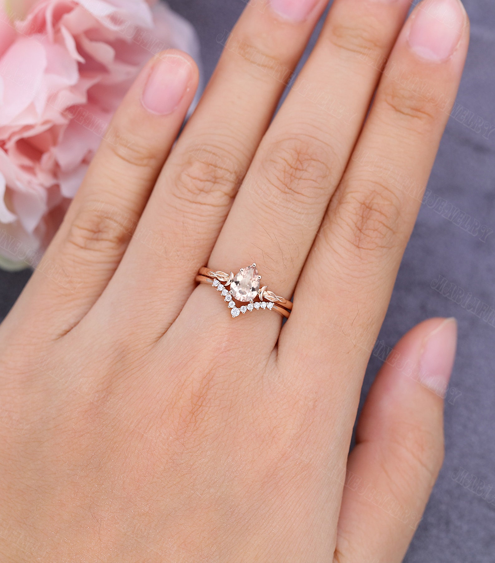 Pear Shaped Morganite Engagement Ring Set Rose Gold Moissanite - Etsy