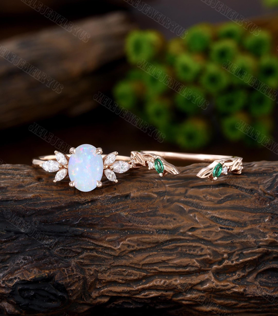 Unique Oval Cut Opal Engagement Ring Set Rose Gold Moissanite Cluster ...