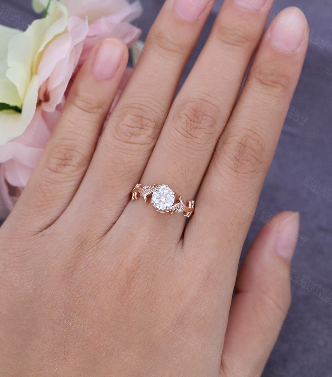 Unique Moissanite Engagement Ring Vintage Twig Rose Gold - Etsy