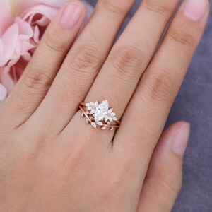 Unique Marquise Cut Moissanite Engagement Ring Set Cluster Rose Gold ...