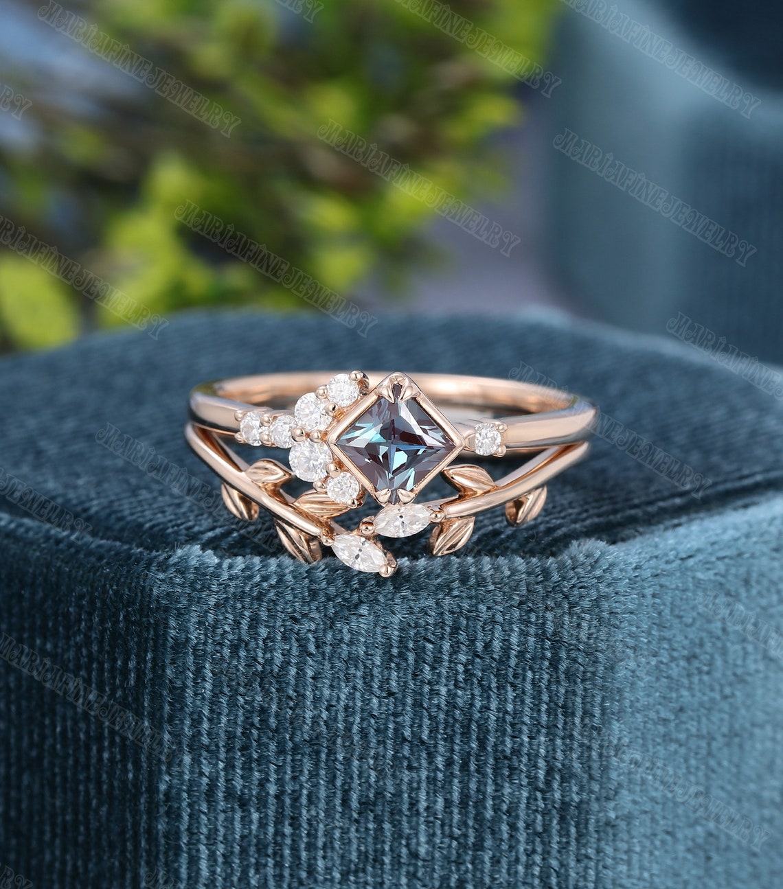 Princess Cut Alexandrite Engagement Ring Set Vintage Rose Gold - Etsy