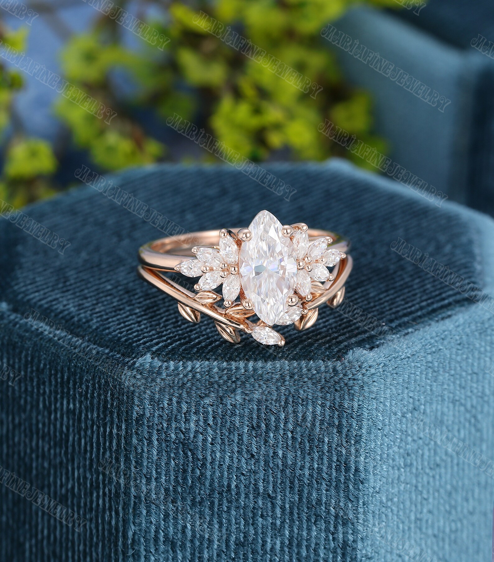 Unique Marquise Cut Moissanite Engagement Ring Set Cluster - Etsy