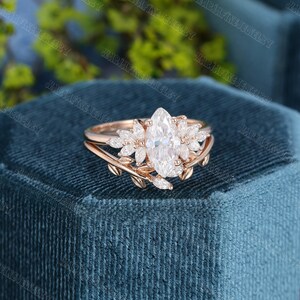 Unique Marquise Cut Moissanite Engagement Ring Set Cluster Rose Gold ...