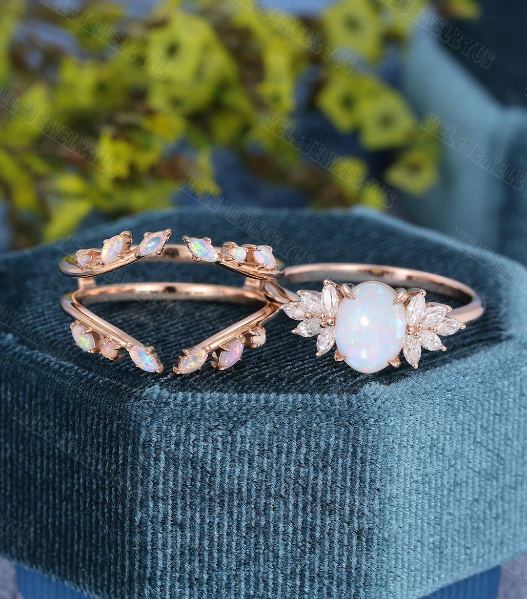 Oval Cut Opal Engagement Ring Set Vintage Rose Gold Engagement Ring ...