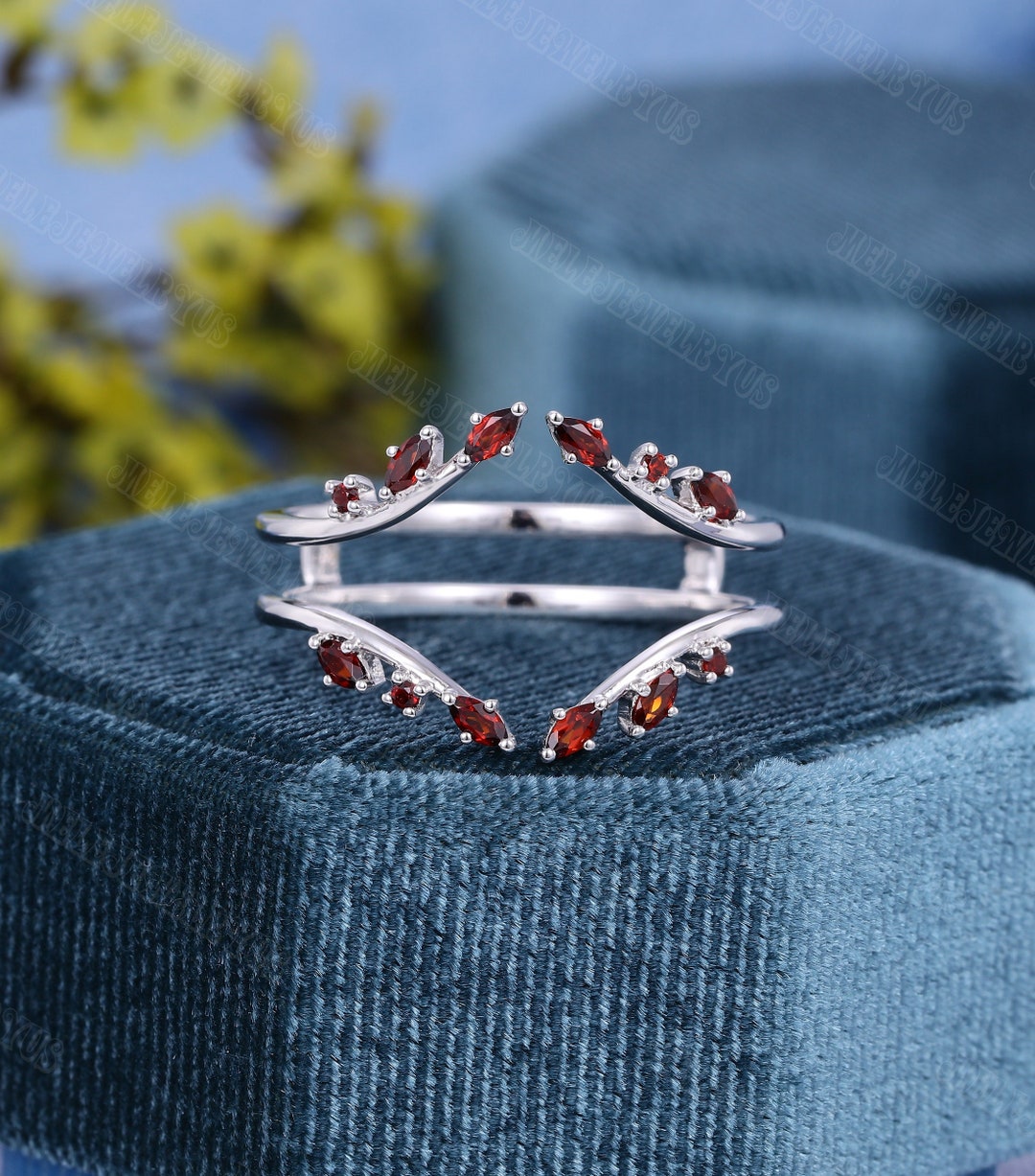 Double Curved Garnet Wedding Band White Gold Enhancer Ring Vintage ...