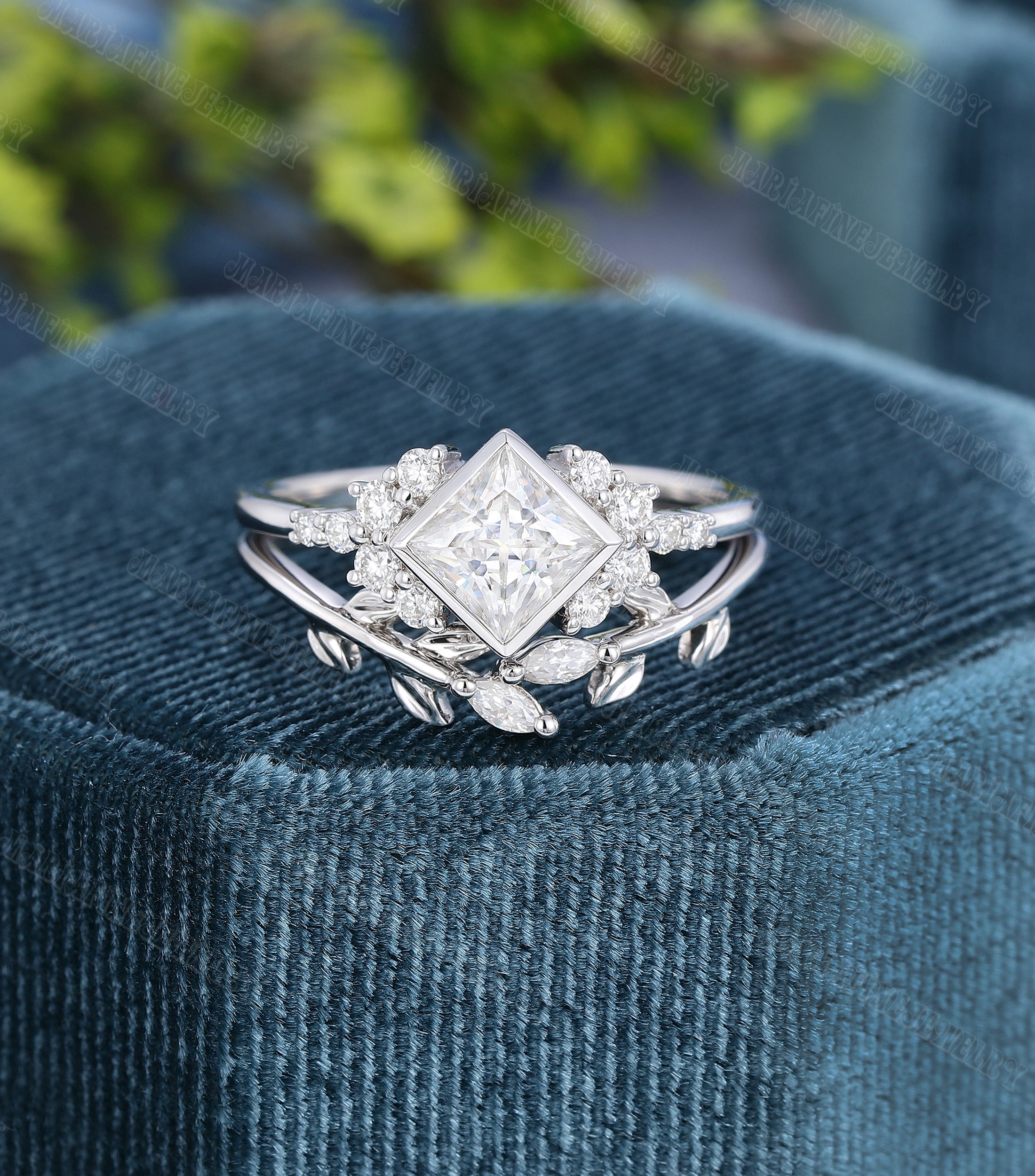 Princess Cut Engagement Ring Set Unique Vintage Cluster Ring - Etsy