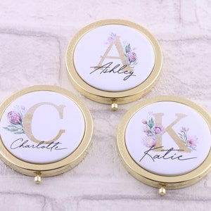 Personalized Gold Initial and Name Compact Mirror Signature Floral ...