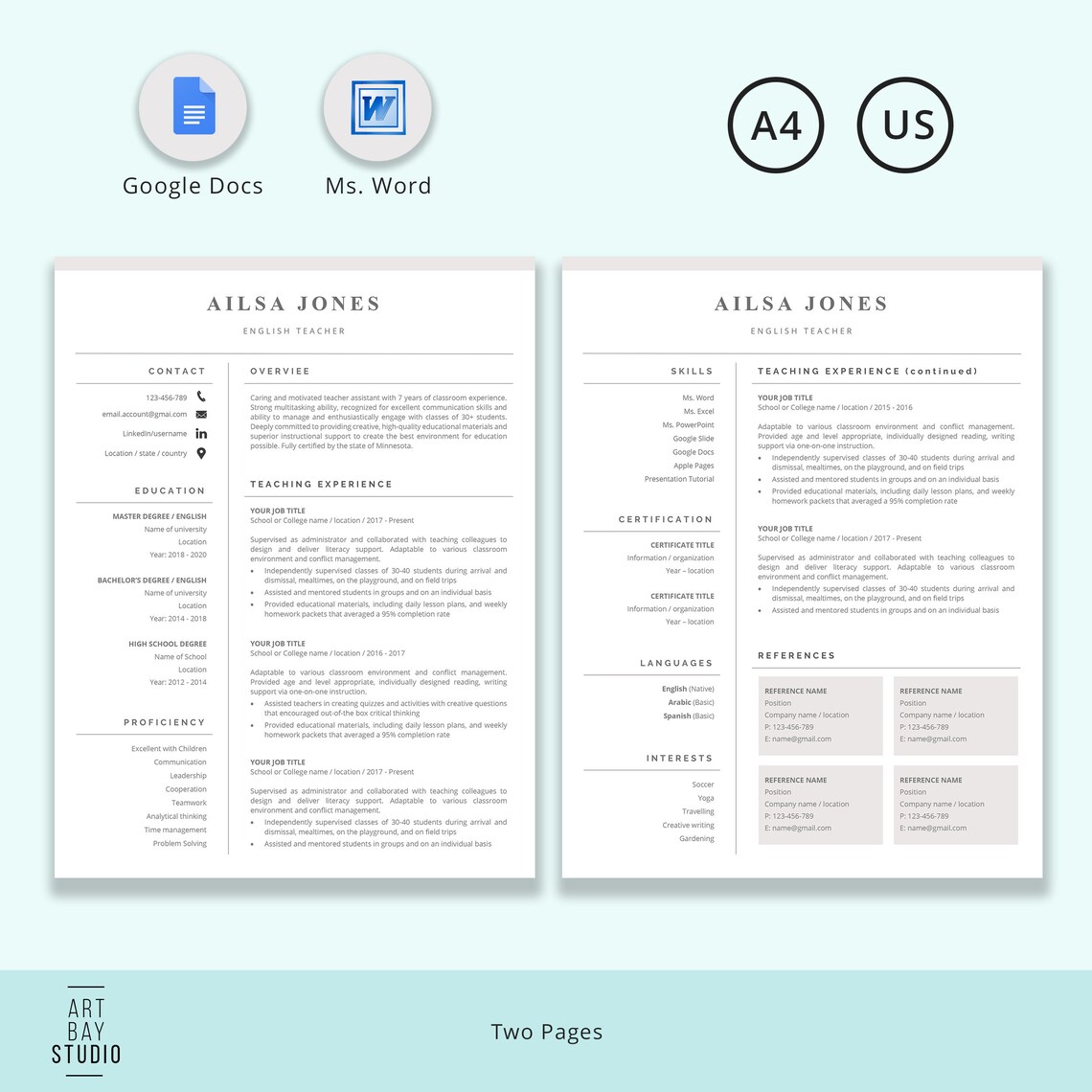 Clean Simple Resume, Professional Resume Template for MS Word, 2 Pages ...