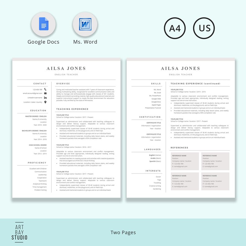 Clean Simple Resume, Professional Resume Template for MS Word, 2 Pages ...