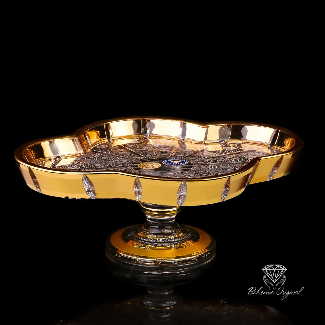 Flat Bohemia Crystal Gold Bowl on Stand - Etsy