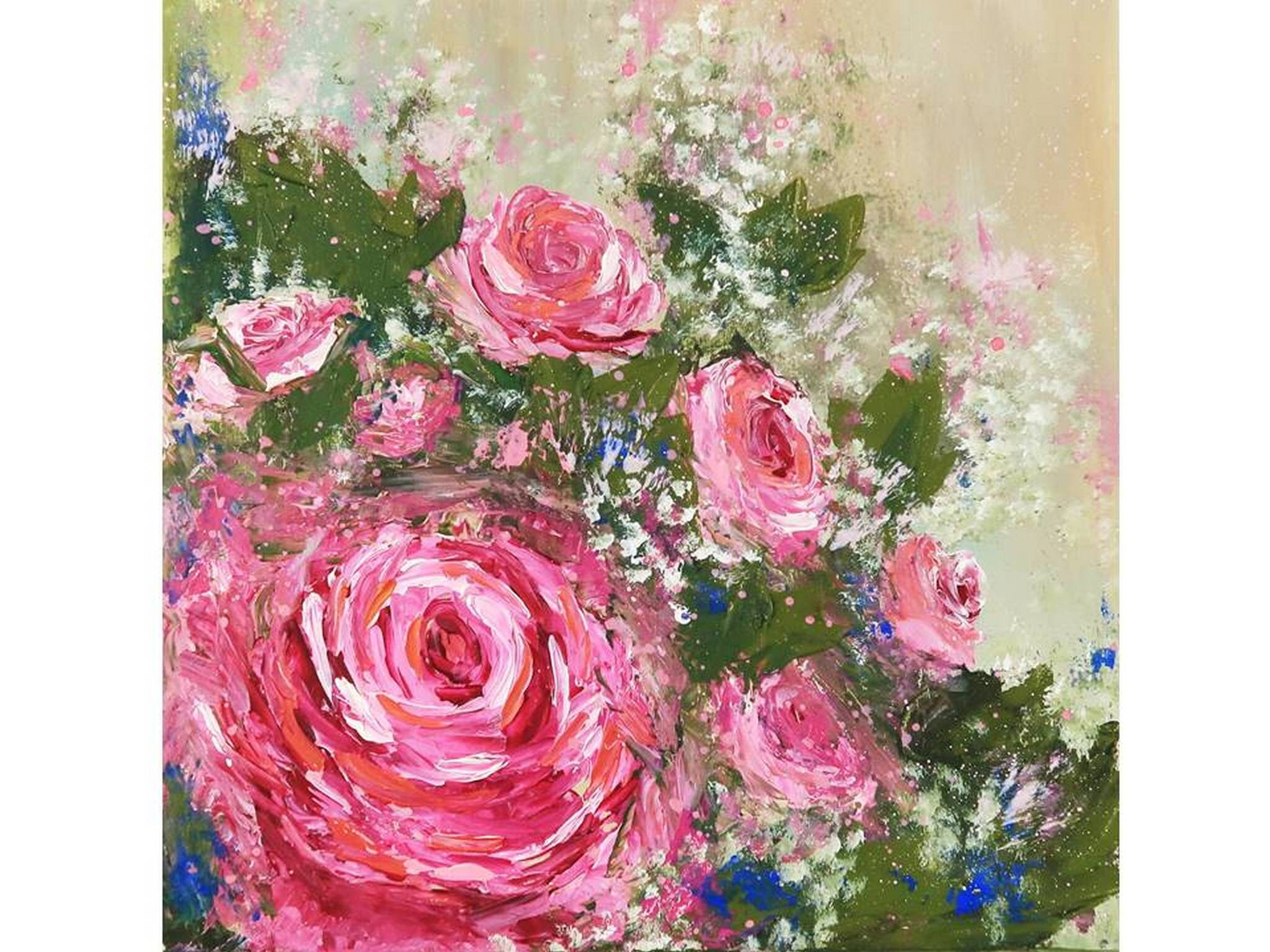 Pink Roses Painting Original Canvas Art Roses Bouquet Artwork | Etsy