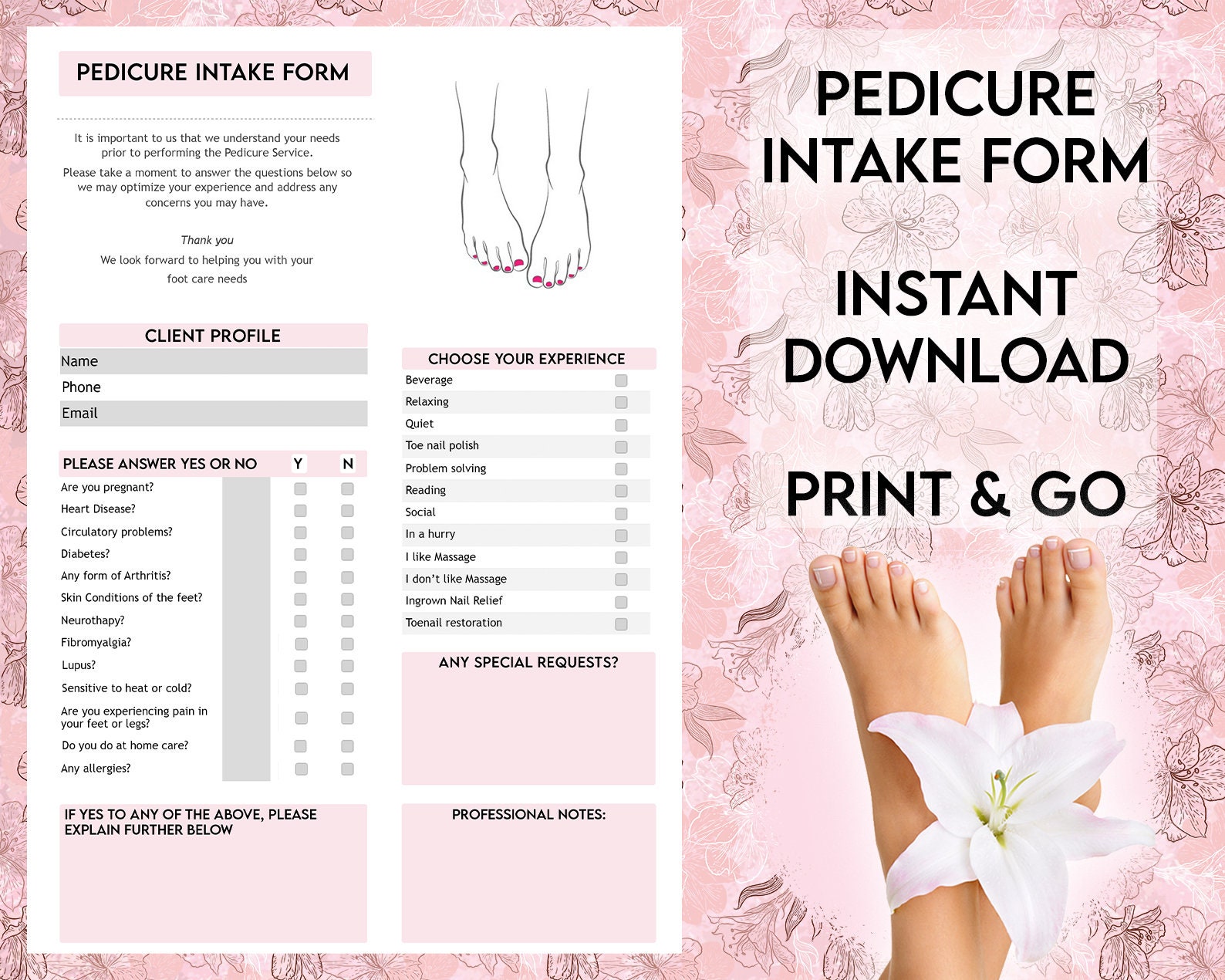 Pedicure Intake Consent PDF Forms Sheets Printable | Etsy