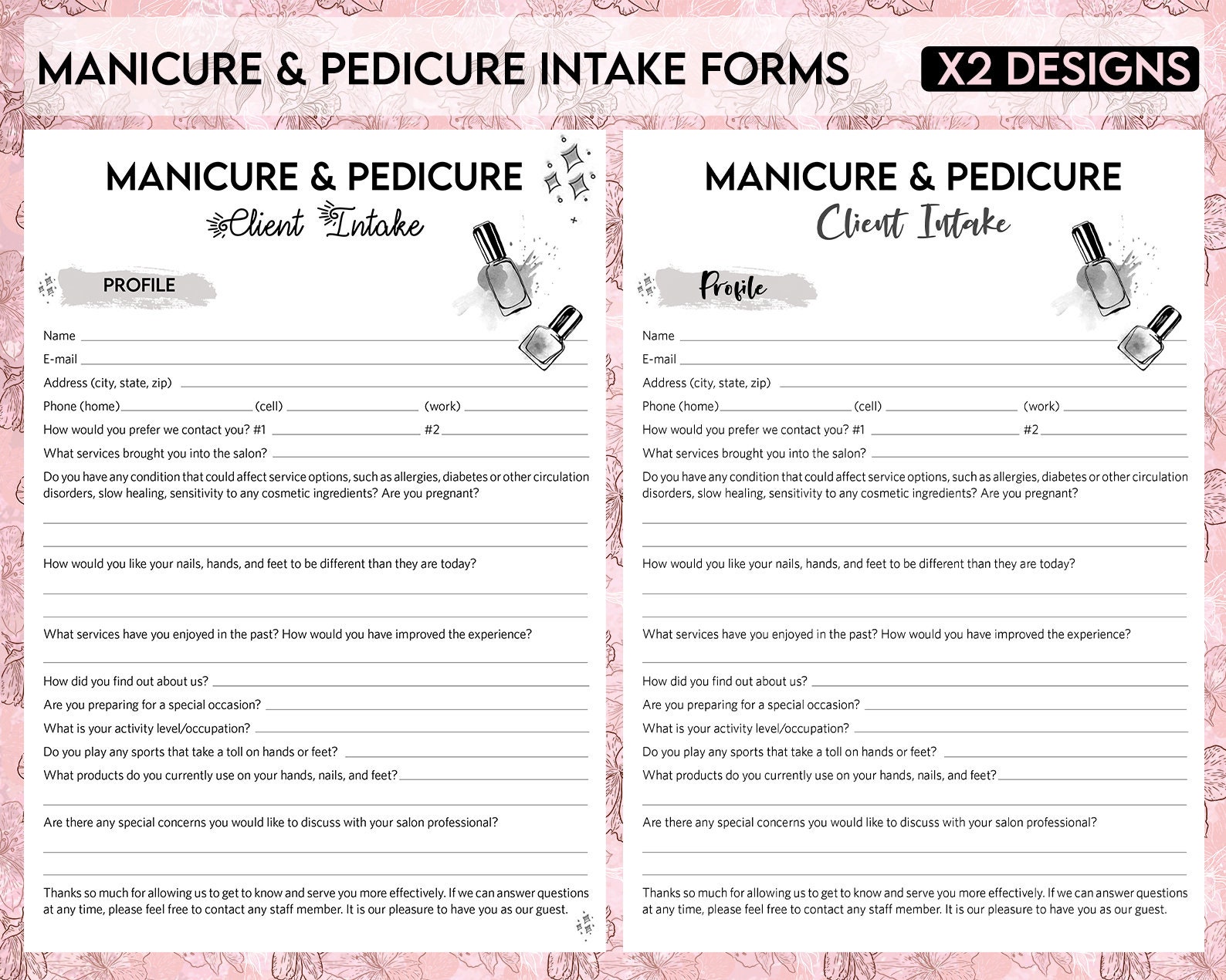 Manicure Pedicure Intake Consent PDF Forms Sheets | Etsy