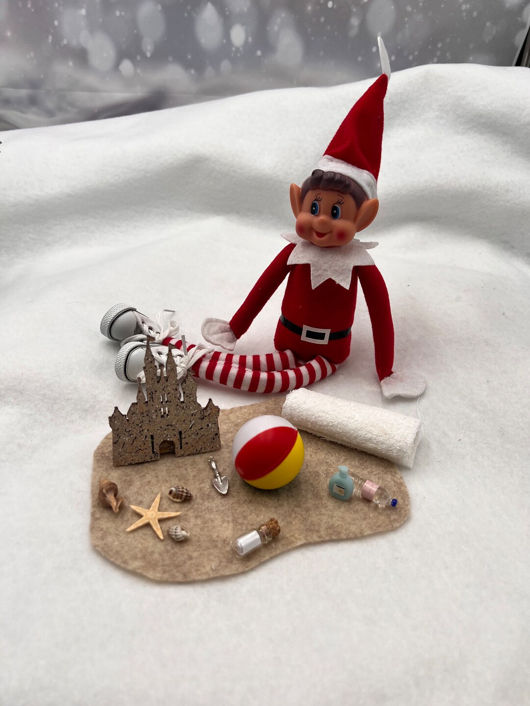 Elf Beach Set Up, Sand Castle, Beach Ball, Sun Tan Lotion, Bottled ...
