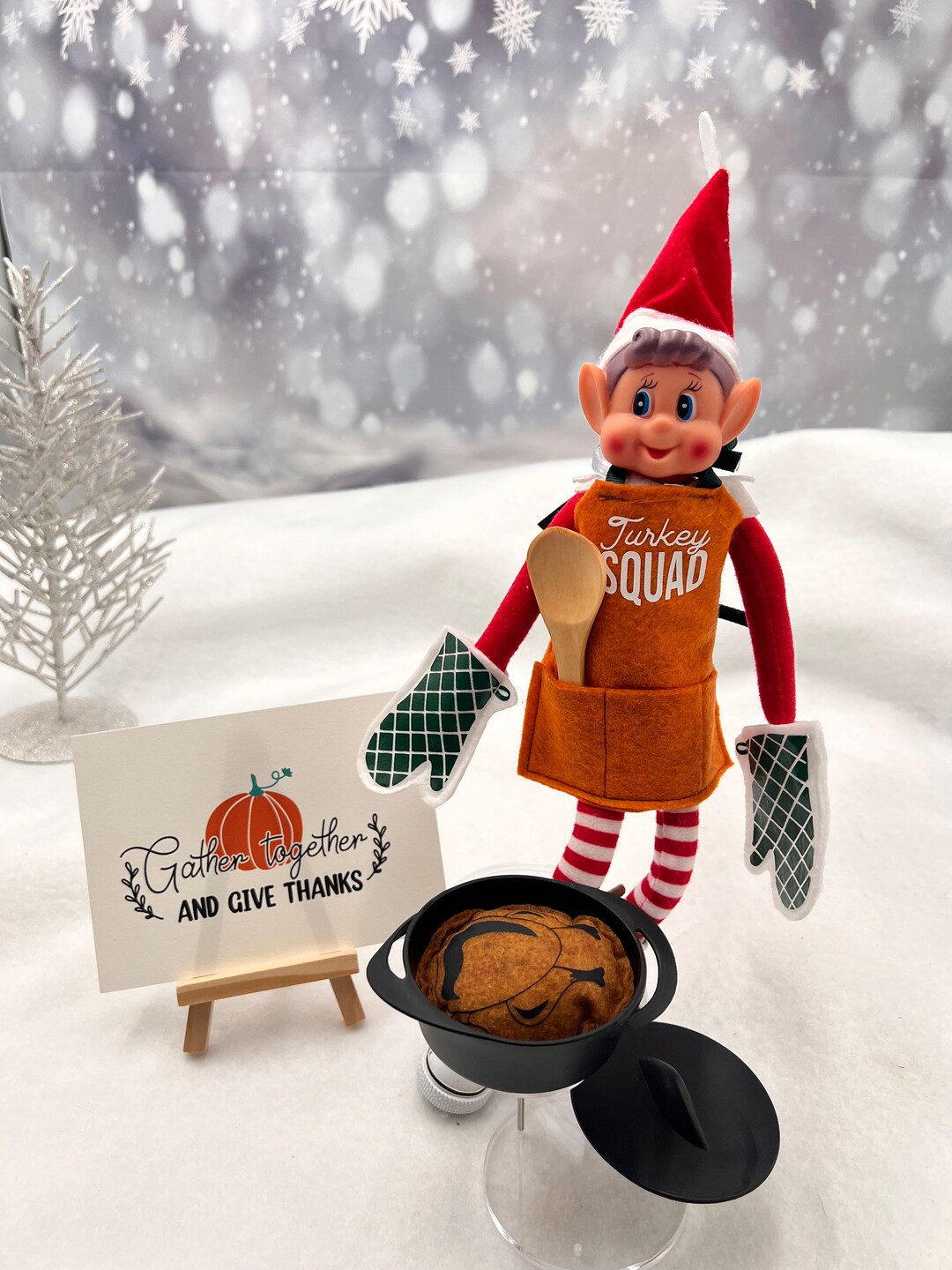 Thanksgiving Elf Turkey Squad Doll Apron, Spoon, Pan With Lid, 2 Hot ...
