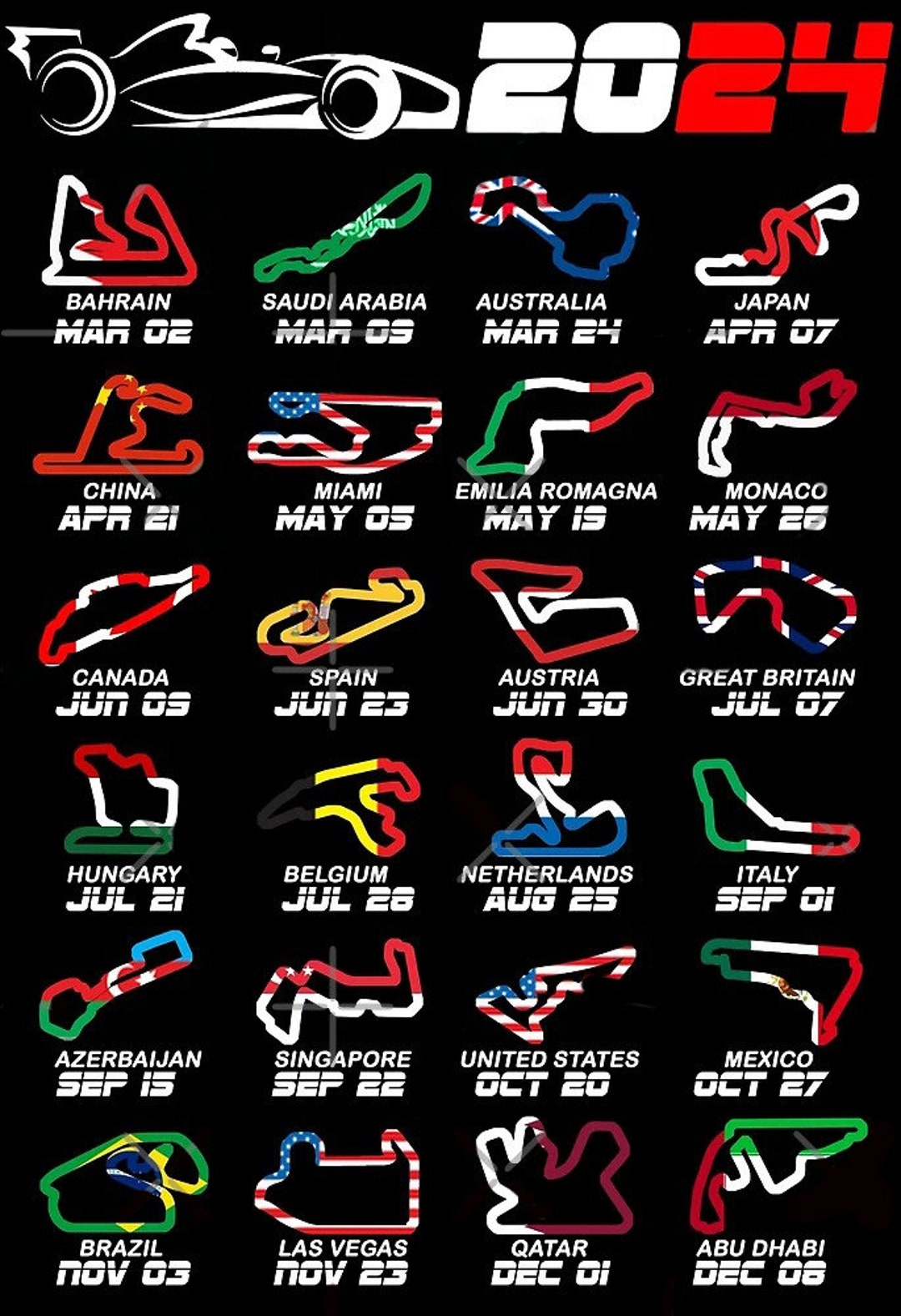 Calendar Formula Race Cars 2024 Circuits Colors Poster, Wall Decor ...