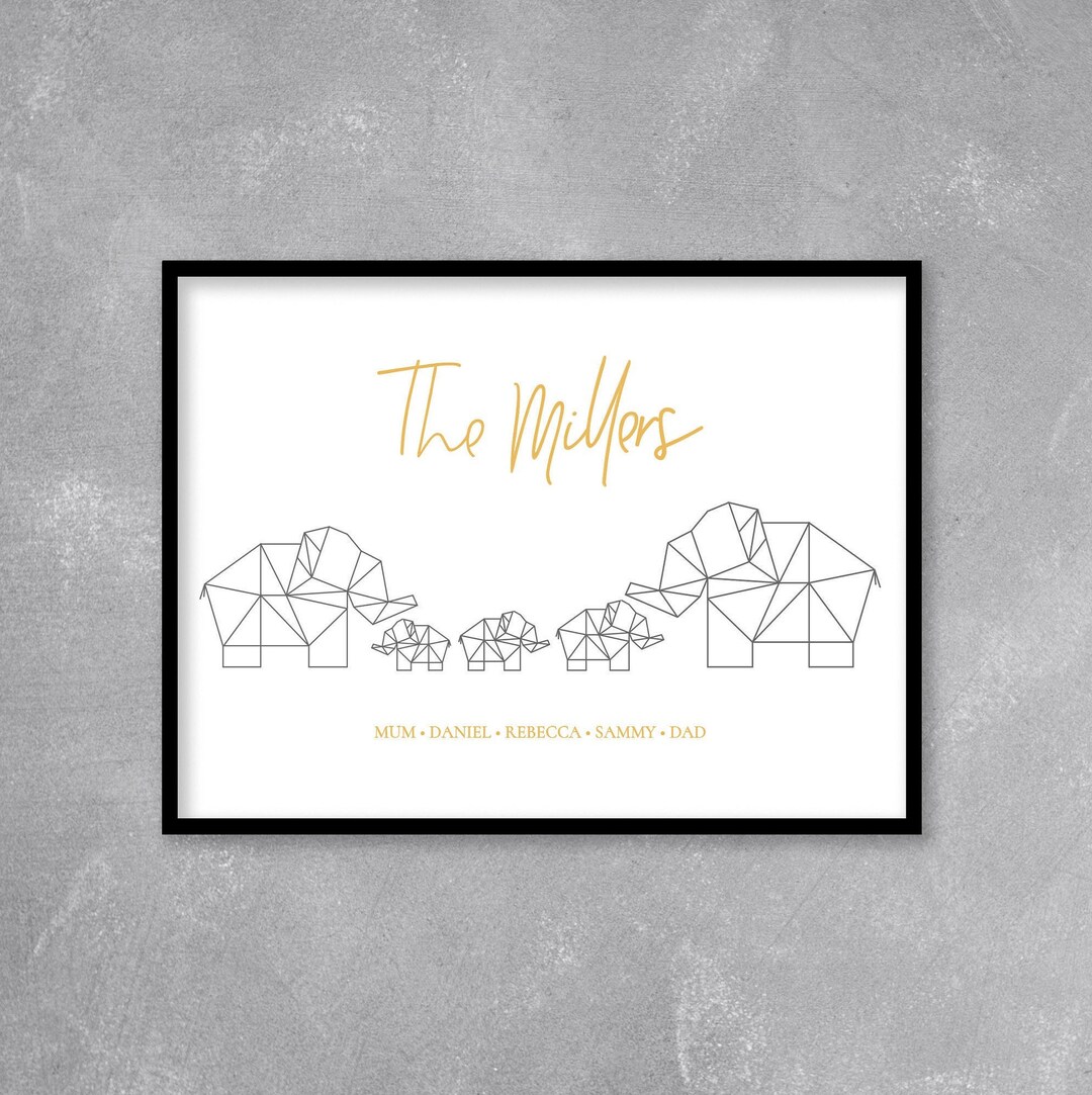 Geometric Elephant Family Tree Personalised Wall Decor Print ...