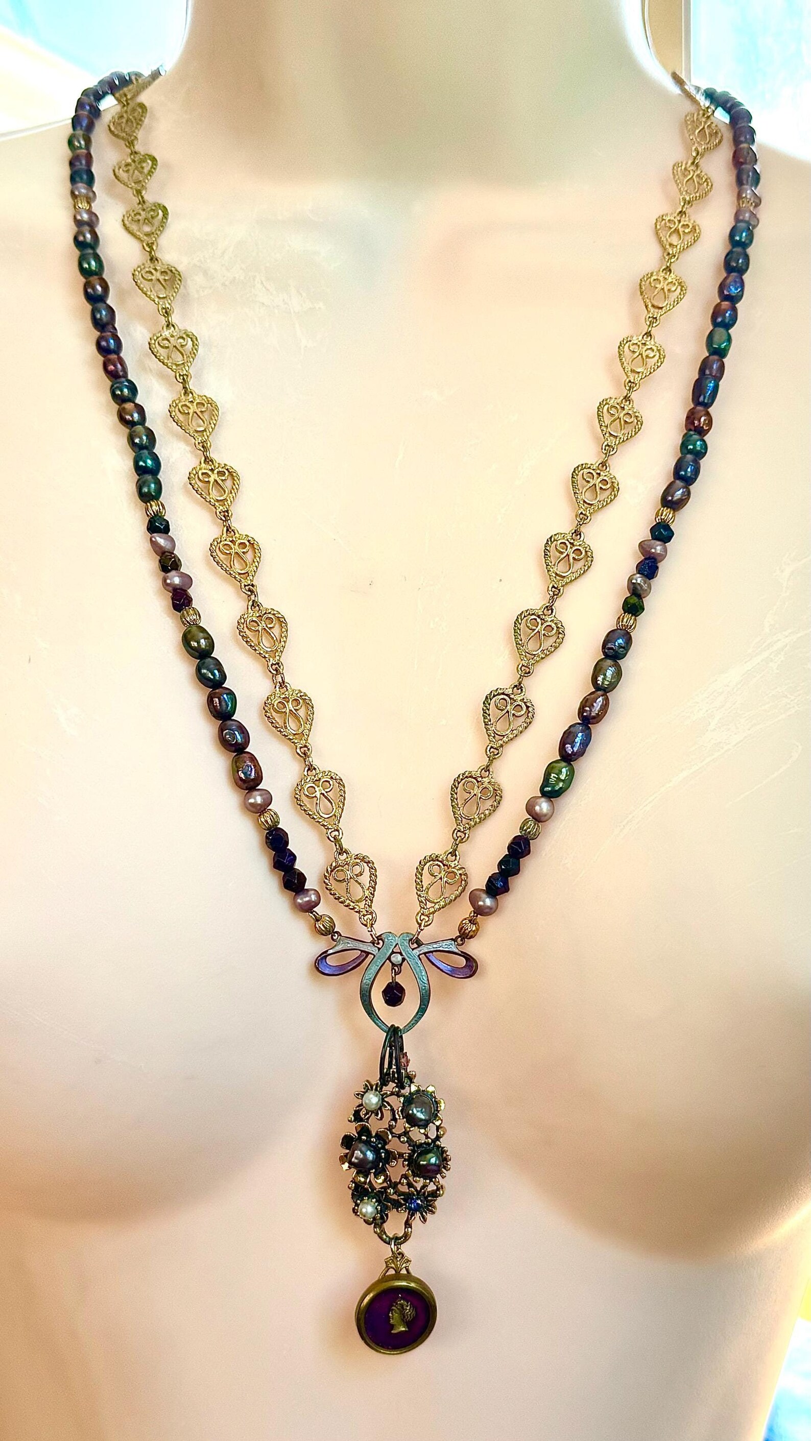 Handmade Victorian, Mid Century Whimsical, Floral, Peacock Pearls ...