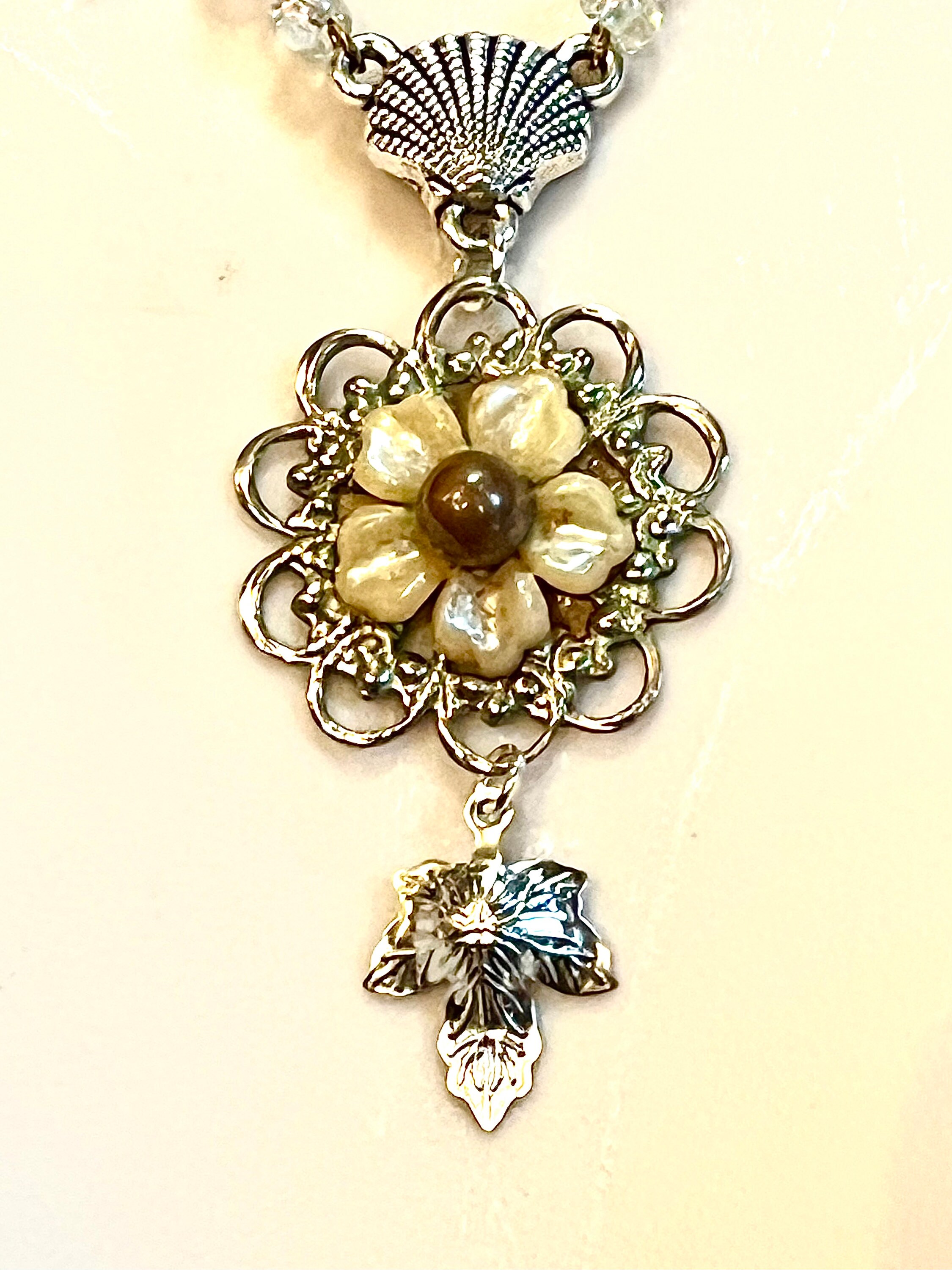 Handmade Vintage Shell Flower, Seashell, Stampings, Silver, Chrystal ...