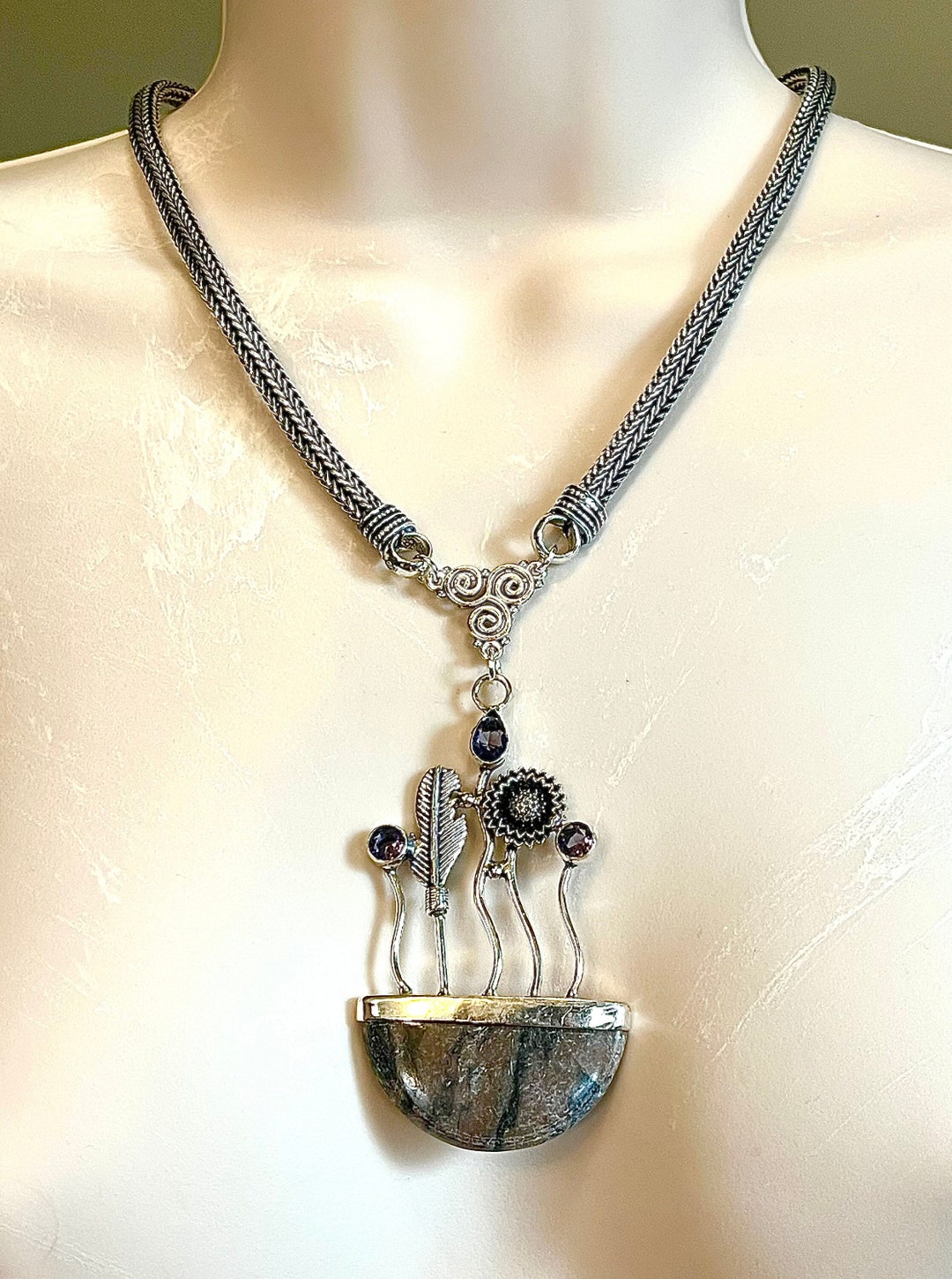 Handmade Silver Chain, Silver and Jasper and Amethyst Flower /floral ...