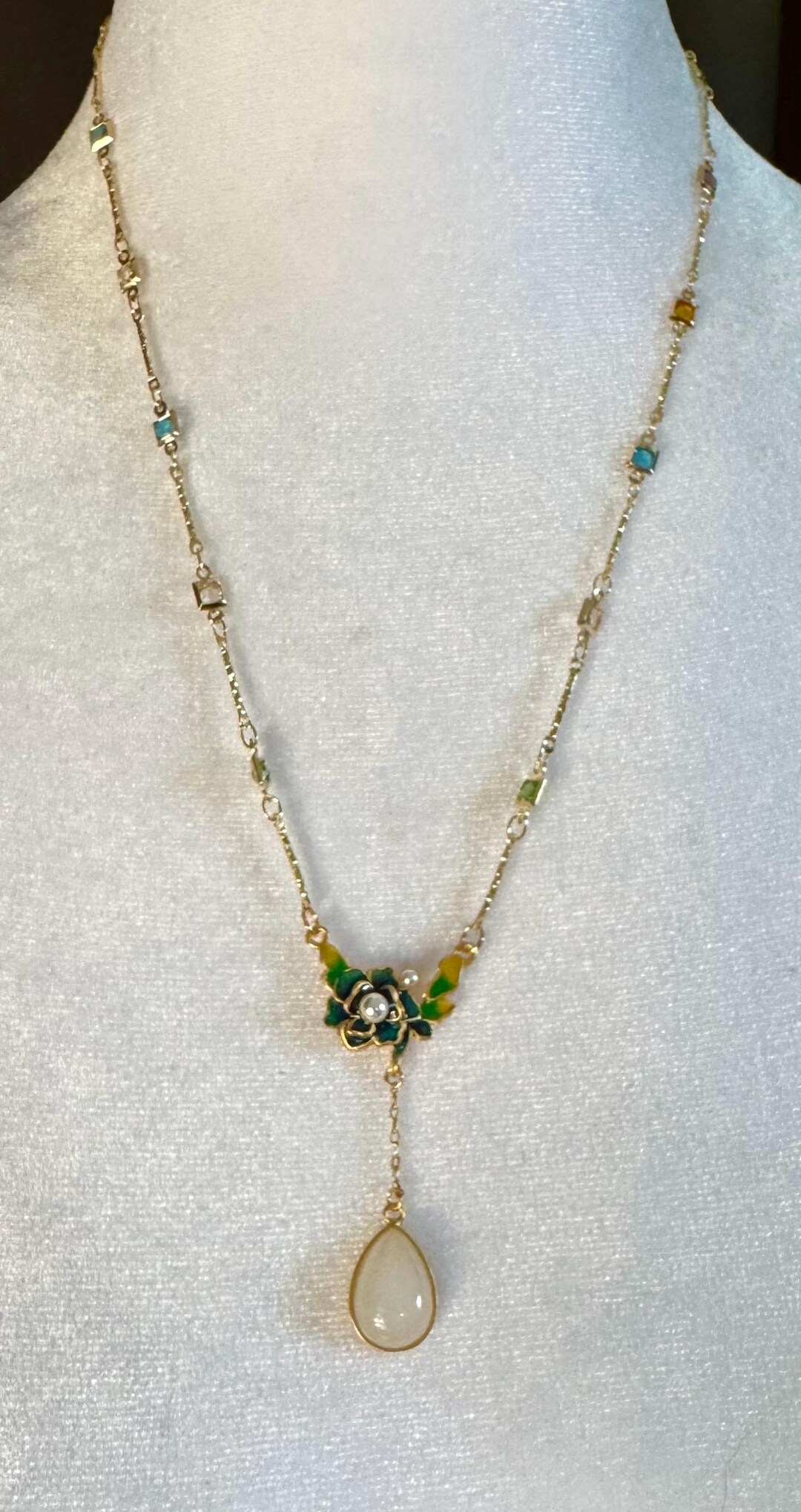 Handmade Chinese Enamel, Gold Chain With Gemstones and Moonstone. One ...