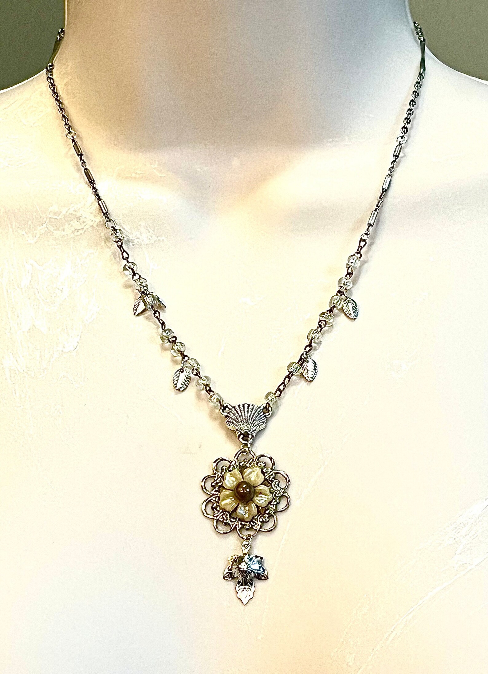 Handmade Vintage Shell Flower, Seashell, Stampings, Silver, Chrystal ...