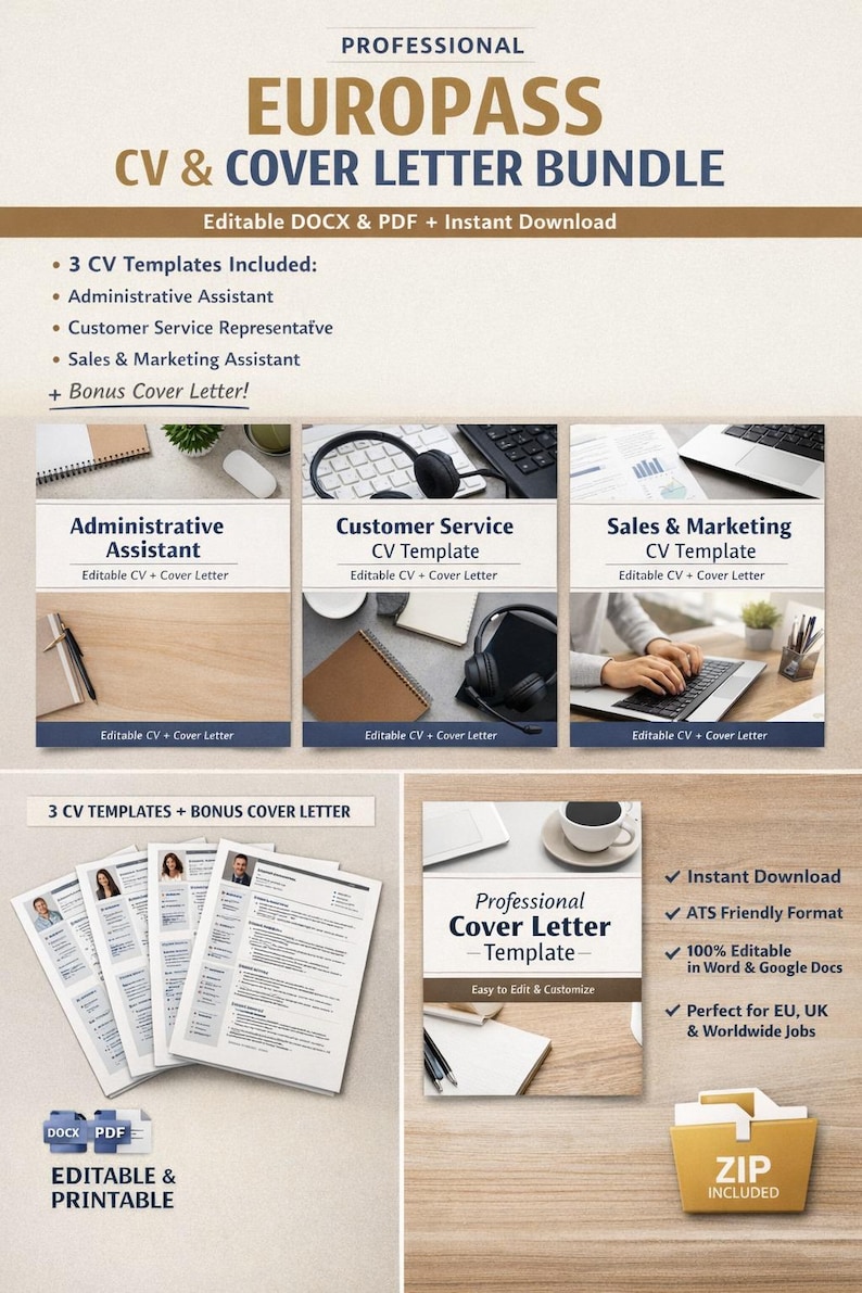 Europass Resume & Cover Letter Bundle | ATS Friendly CV Template ...