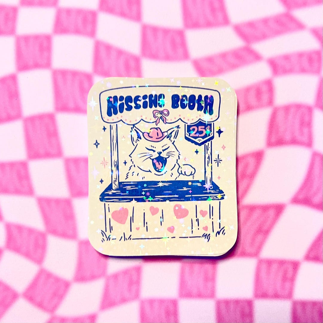 Funny Cat Sticker - Hissing Booth Holographic Pink Retro Bubblegum ...