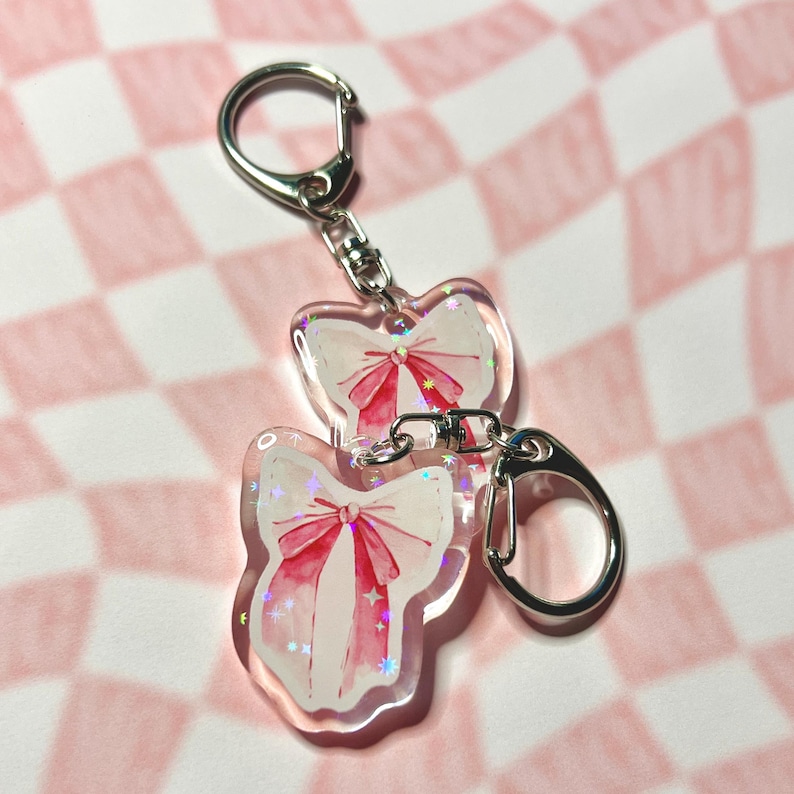Pink Coquette Bow Keychain | Mini Holo Sparkle Ribbon Acrylic Girly Car ...