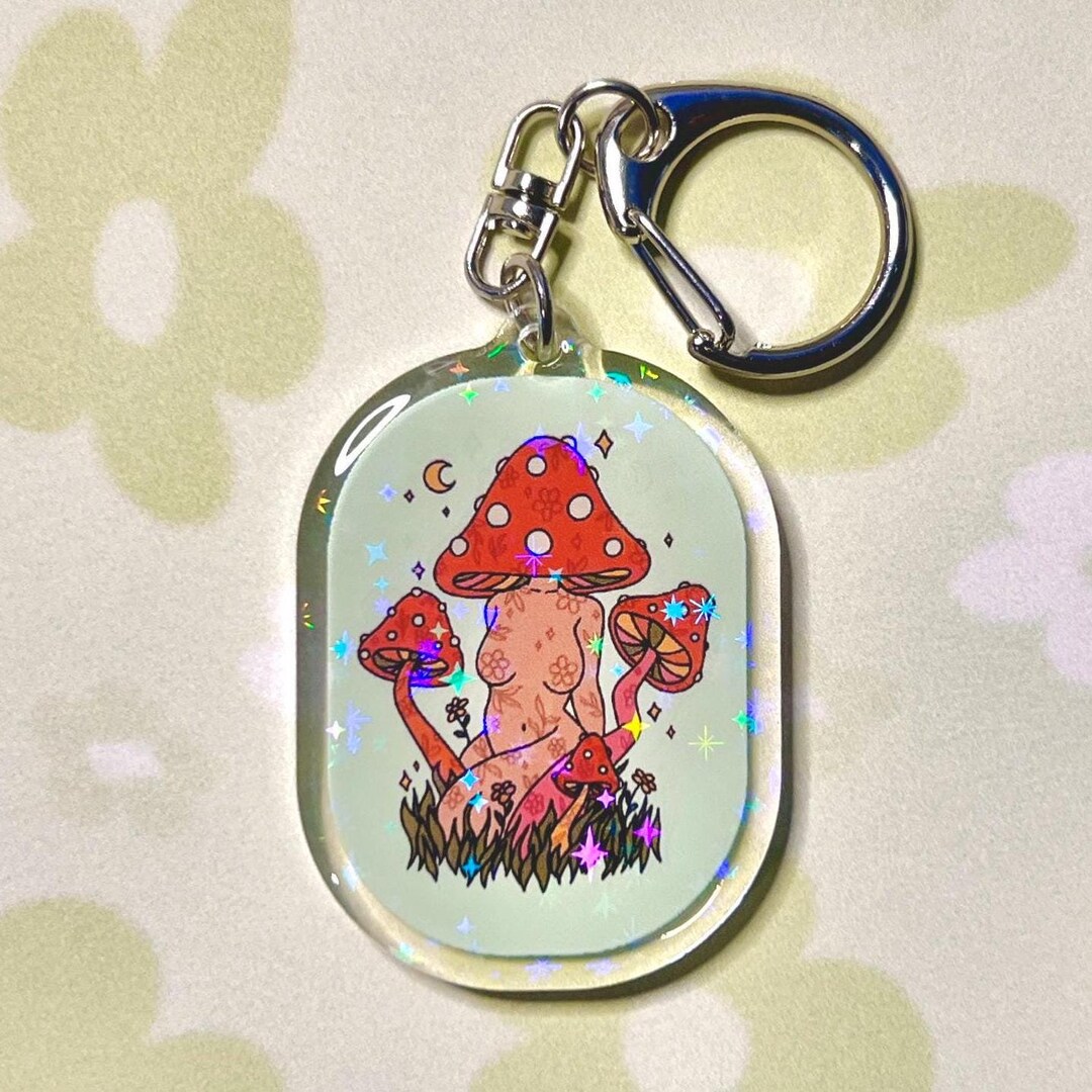 Mushroom Woman Holo Keychain - Holographic Sparkle Acrylic Keychains Sapphic Feminist Art ...