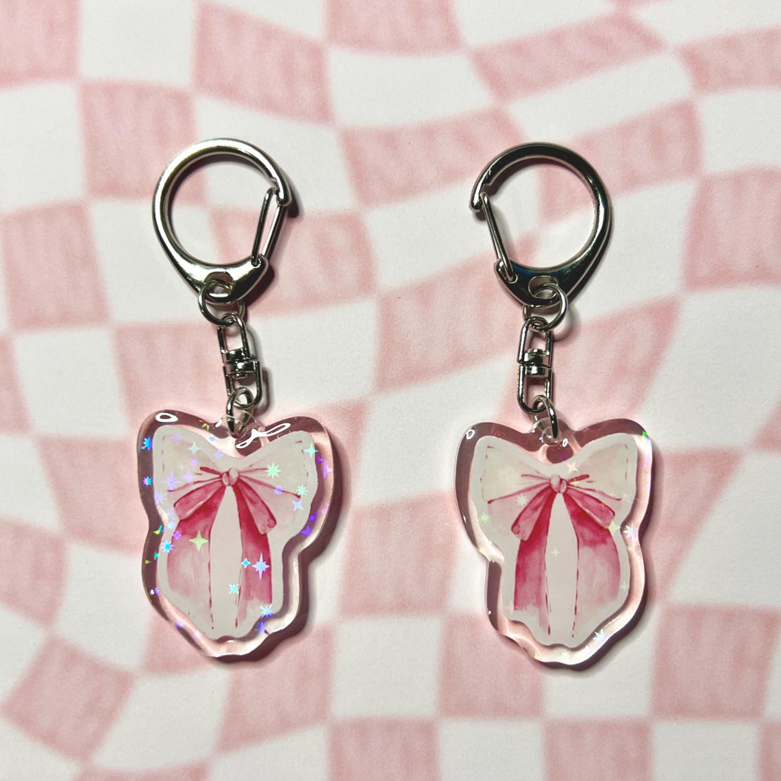 Pink Coquette Bow Keychain | Mini Holo Sparkle Ribbon Acrylic Girly Car ...