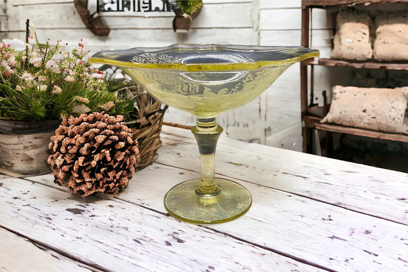 Antique Depression Glass Paden City Etched Yellow Dish Pedestal. - Etsy