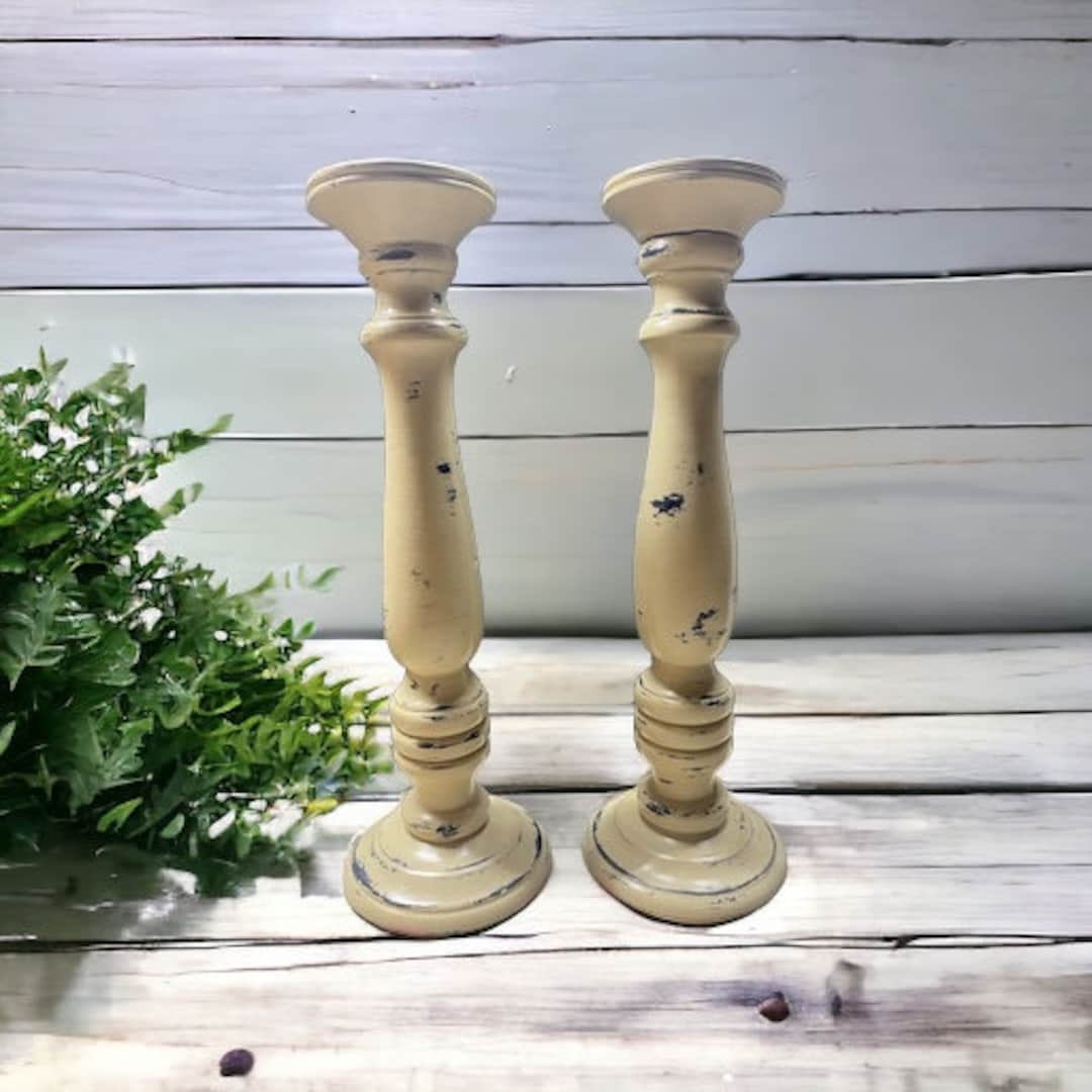 Pair of Large Wooden Distressed Tan Candle Holders. - Etsy