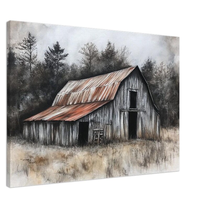 Rustic Barn Artwork Charcoal Painting Old Weathered Barn Black and ...