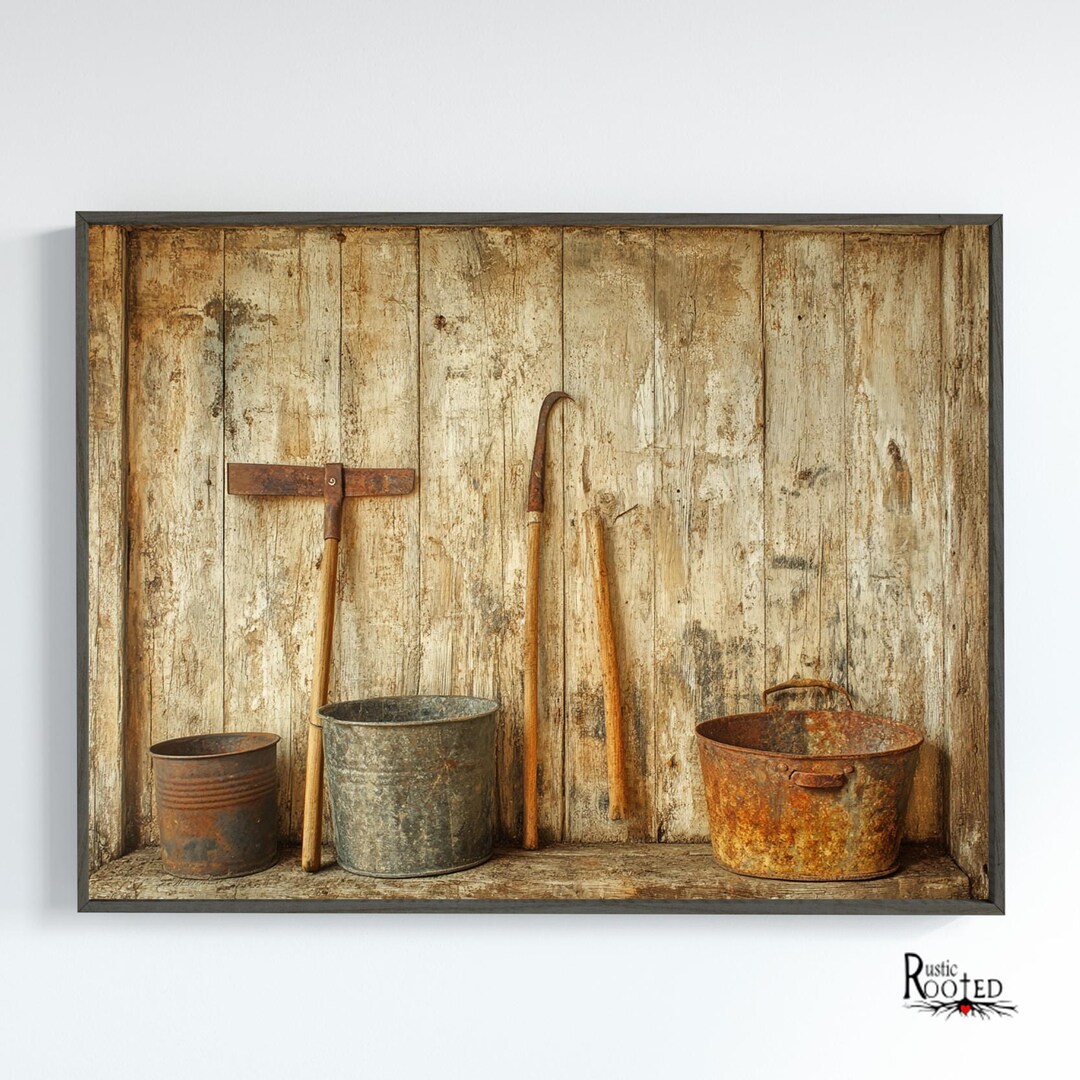 Old Barn Wall Rustic Vintage Farm Tools Rusted Buckets Barnyard Tools ...